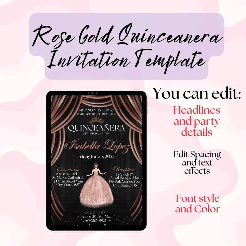 Rose Gold Quinceanera Invitations Template Black Mis Quince - Etsy