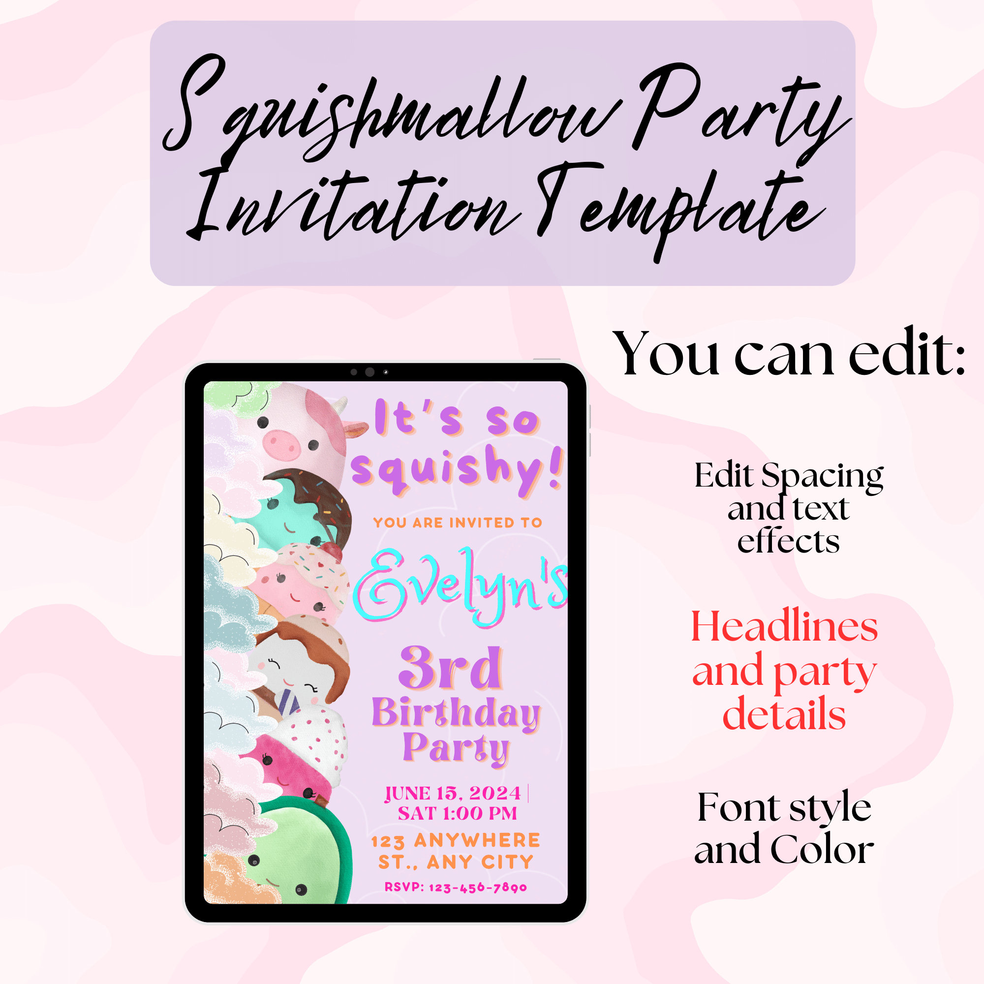 Squishmallow Birthday Invitation pastel Squishmallow Invitation 3rd ...