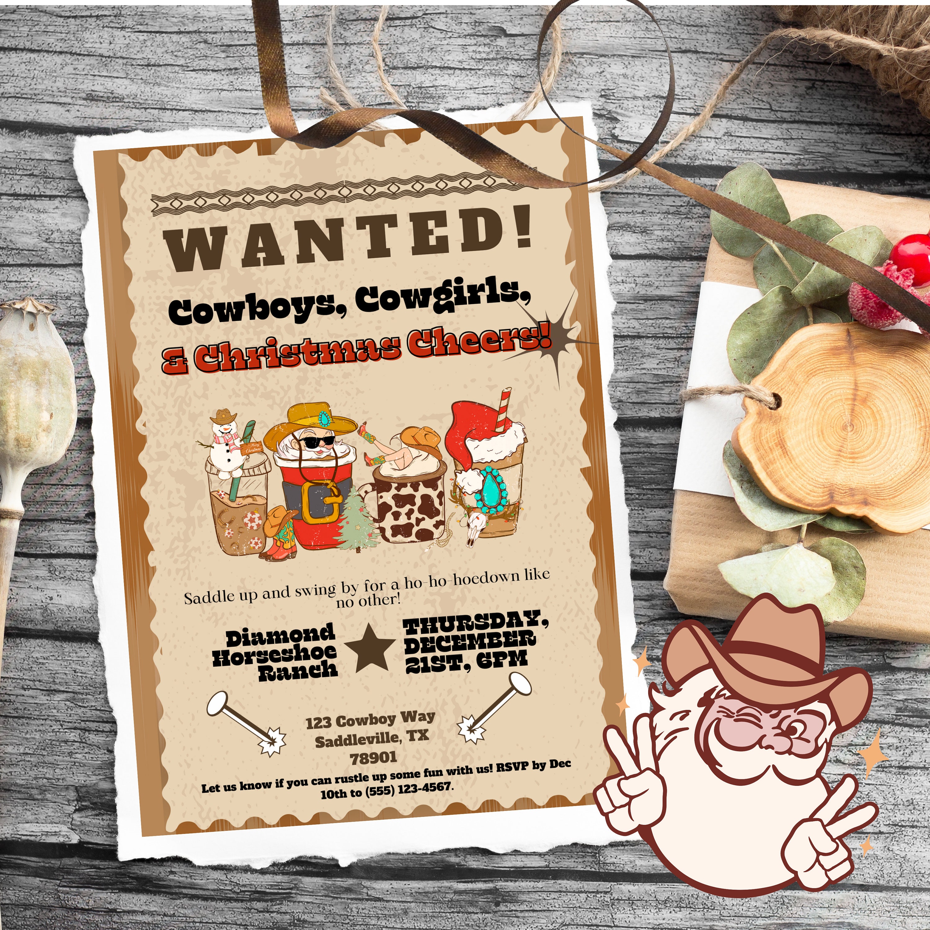 Western Hoedown Christmas Invitation Template CANVA Editable Cowboy ...