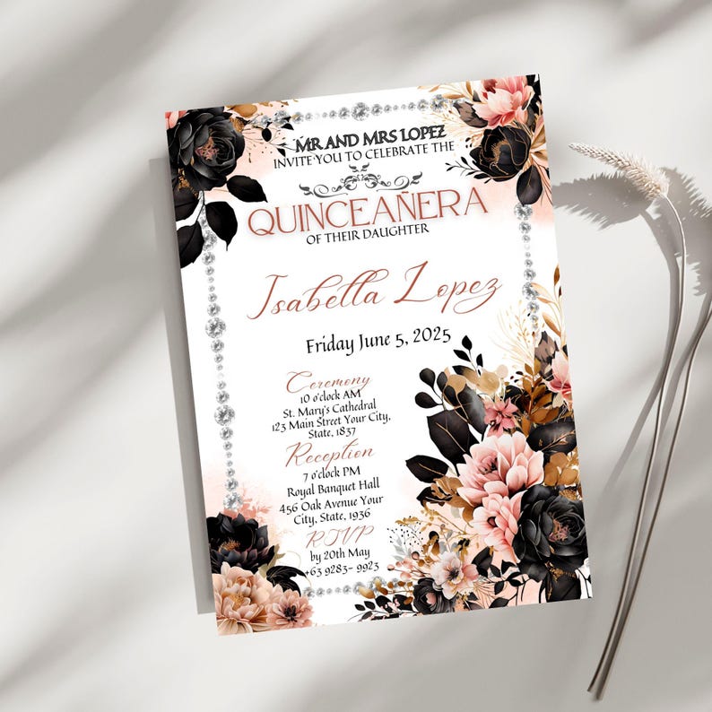 Rose Gold Quinceanera Invitations Template- Black Mis Quince Anos ...