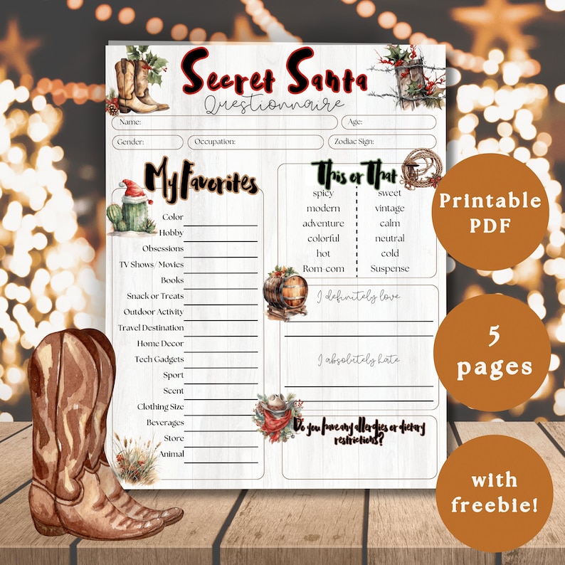 Secret Santa Questionnaire Printable for Coworkers Adults Family Secret ...