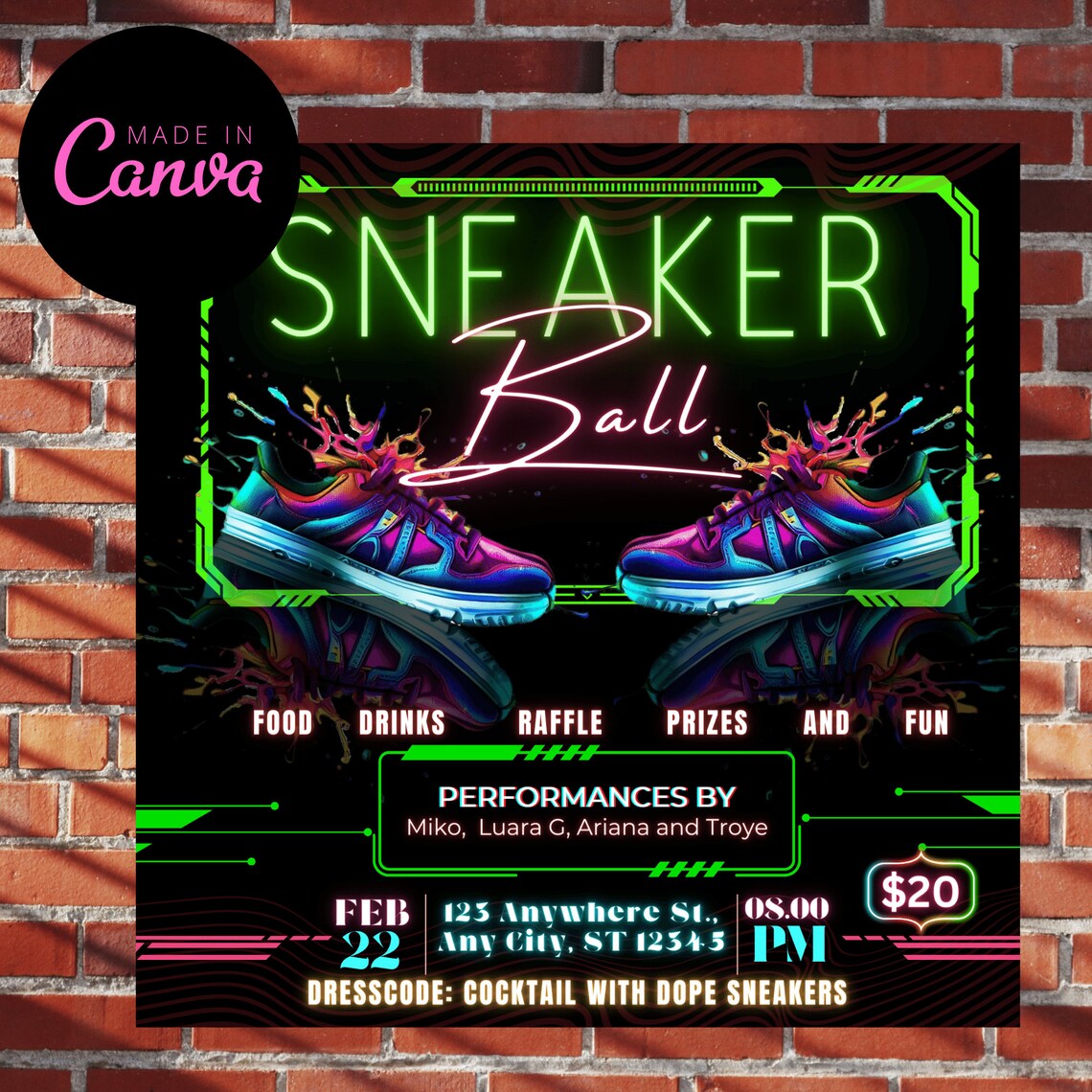 Neon Sneaker Ball Flyer- Sneaker Ball Invitation Sneaker Ball Gala ...