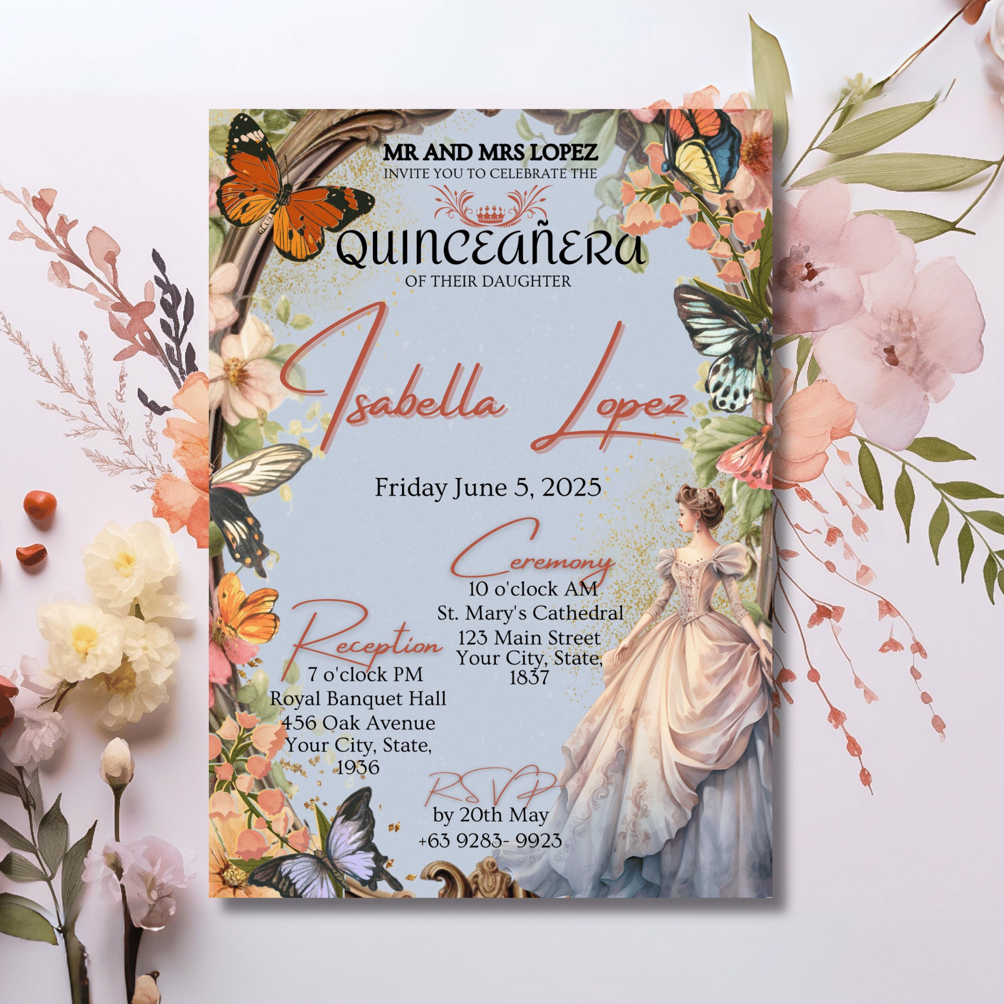 Light Blue Quinceanera Invitations Template- Butterfly Mis Quince Anos ...