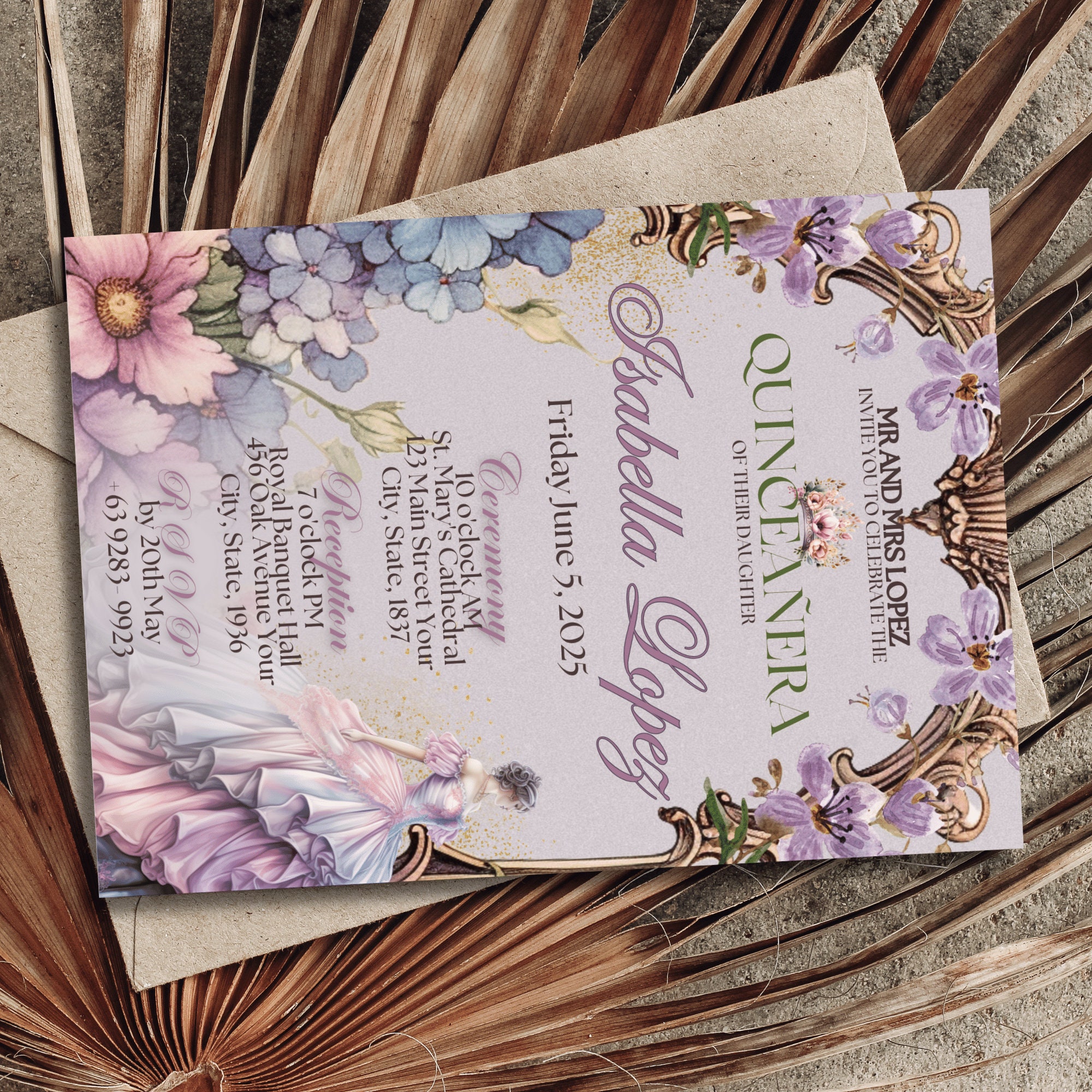 Vintage Quinceanera Invitations Template- Purple Mis Quince Anos ...