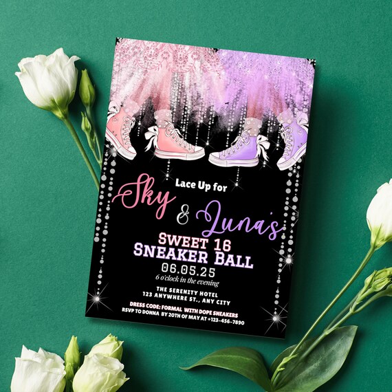 Sweet 16 Shoe Invitations Girl Sneaker Ball Birthday Invitation,