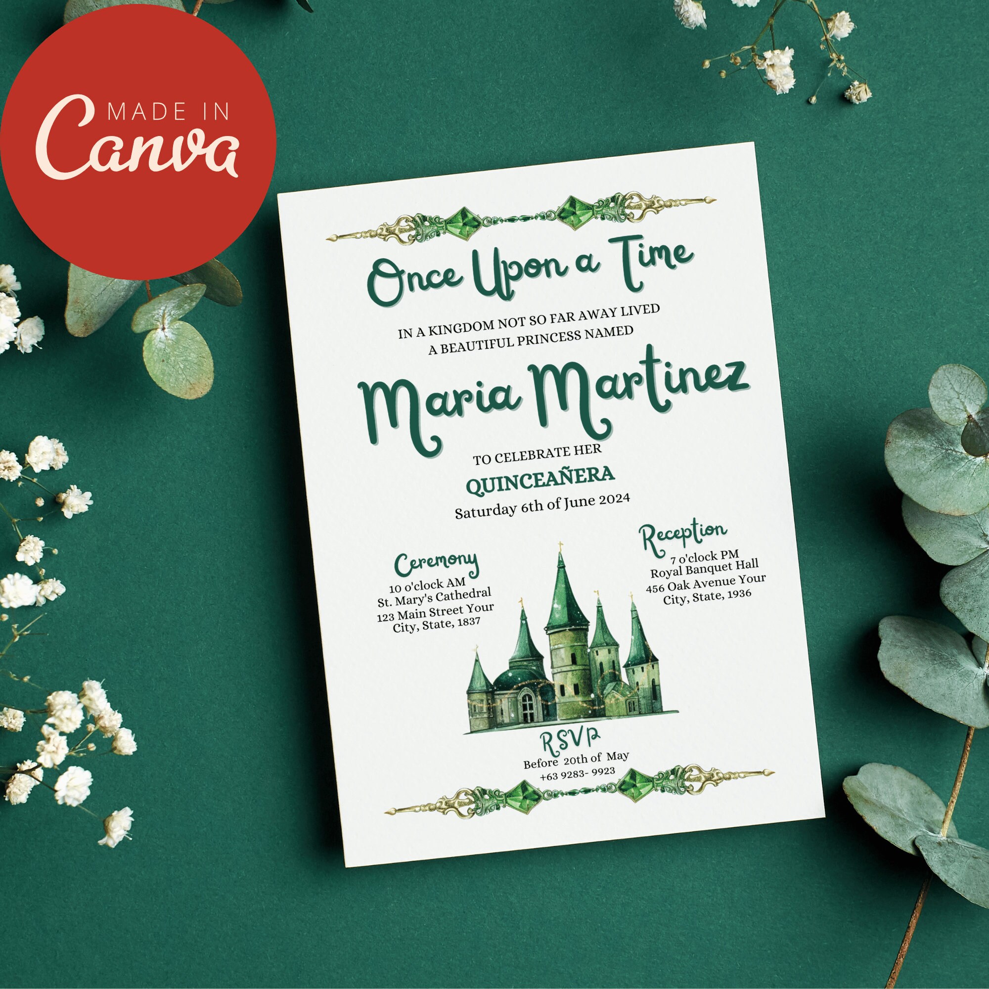 Once Upon a Time Quinceanera Invitations Template - Emerald Green ...