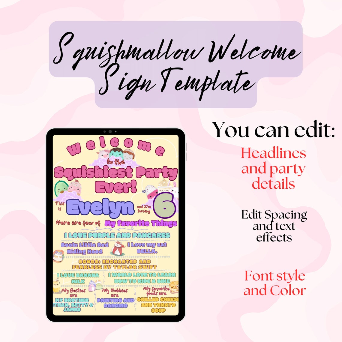 Squishmallow Birthday Welcome Sign Template- Pastel Welcome Sign ...