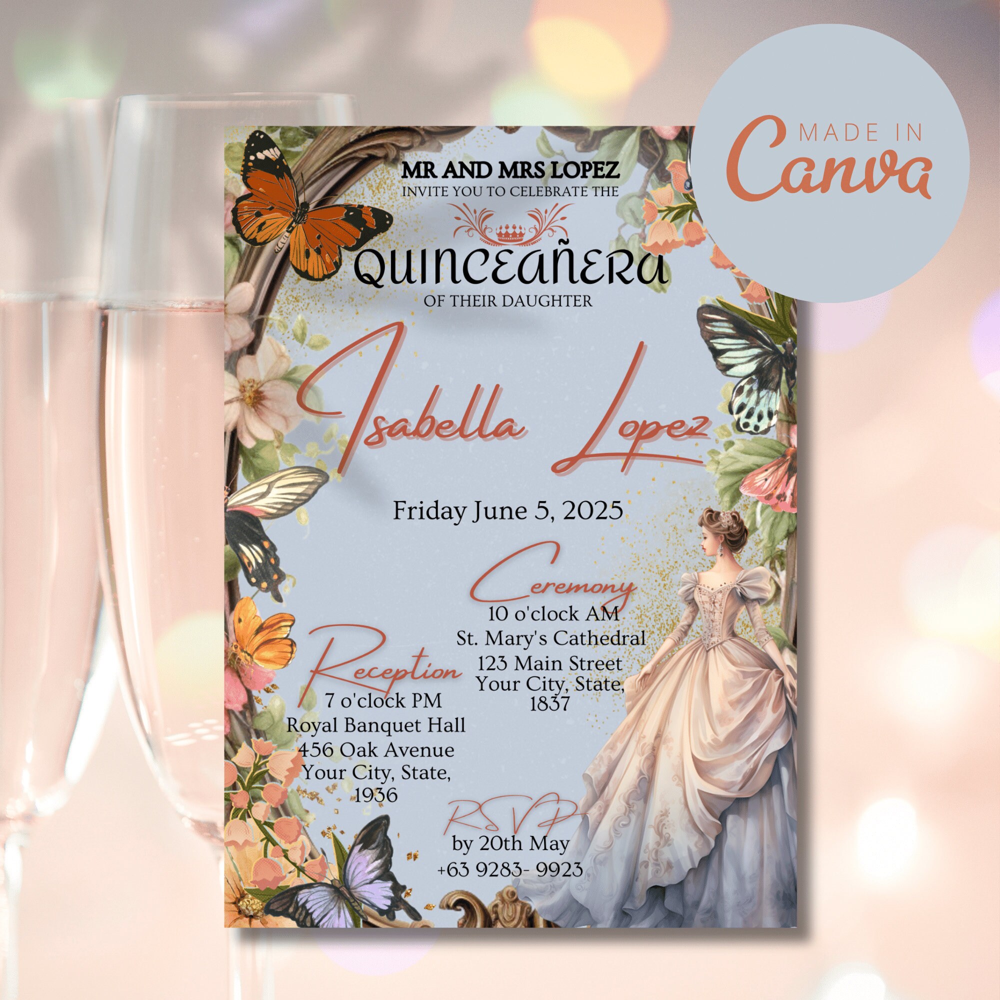 Light Blue Quinceanera Invitations Template- Butterfly Mis Quince Anos ...