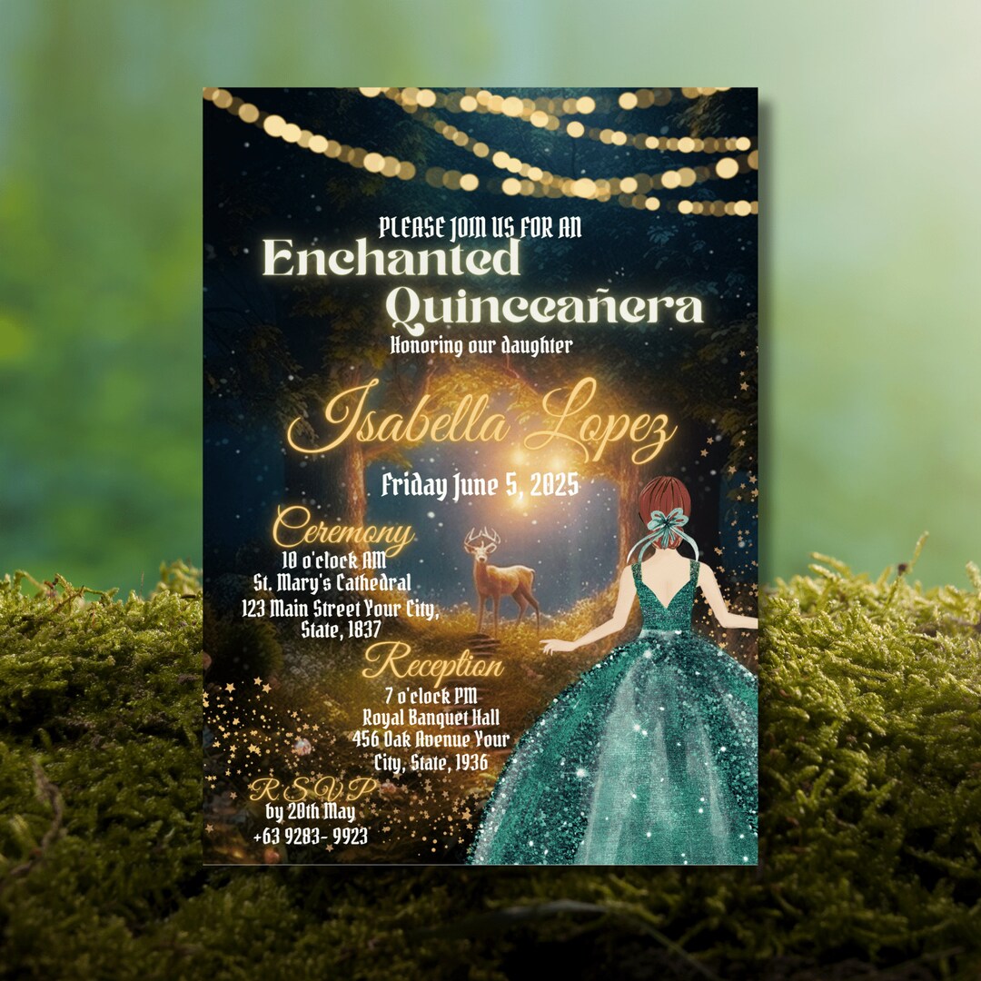 Enchanted Forest Quinceanera Invitations Template- Emerald Green Quince ...