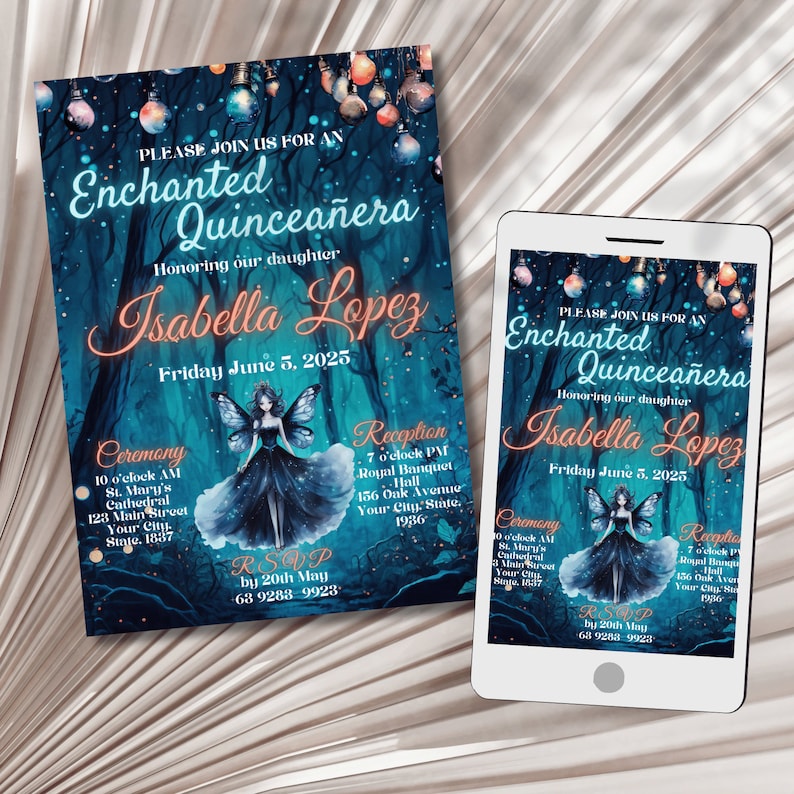 Enchanted Forest Quinceanera Invitations Template- Blue Mis Quince Anos ...