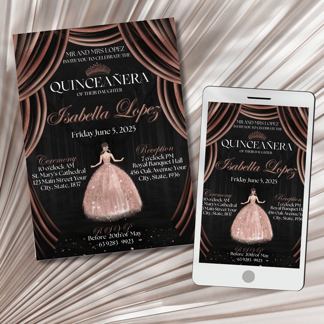 Rose Gold Quinceanera Invitations Template- Black Mis Quince Anos Sweet ...