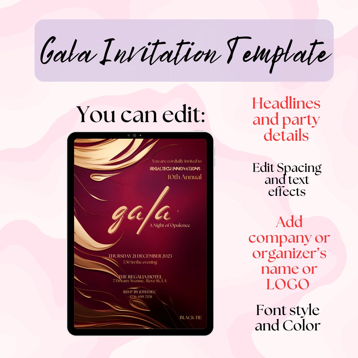 Opulent Gala Invitation- Corporate Party Invitation Editable Template ...