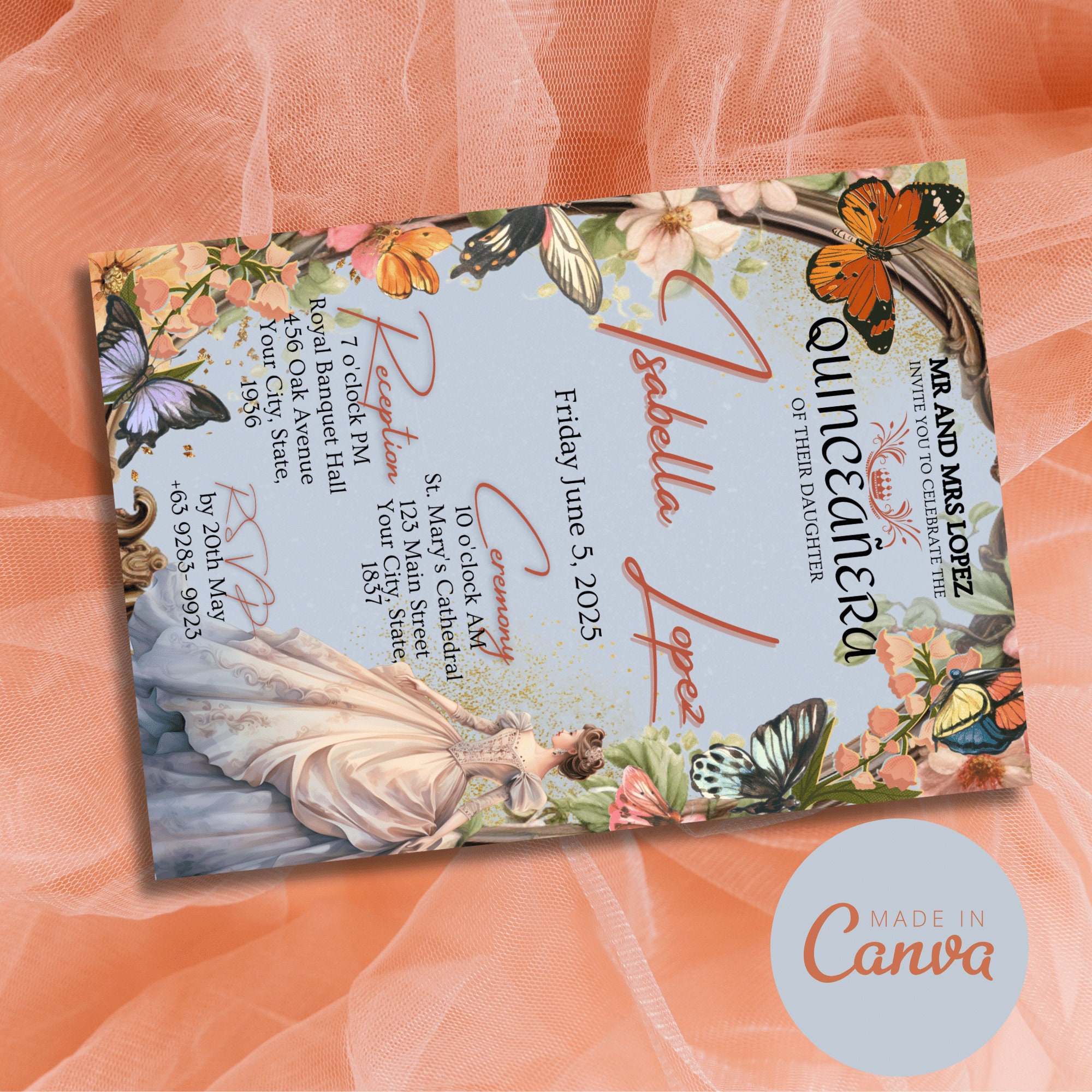 Light Blue Quinceanera Invitations Template- Butterfly Mis Quince Anos ...
