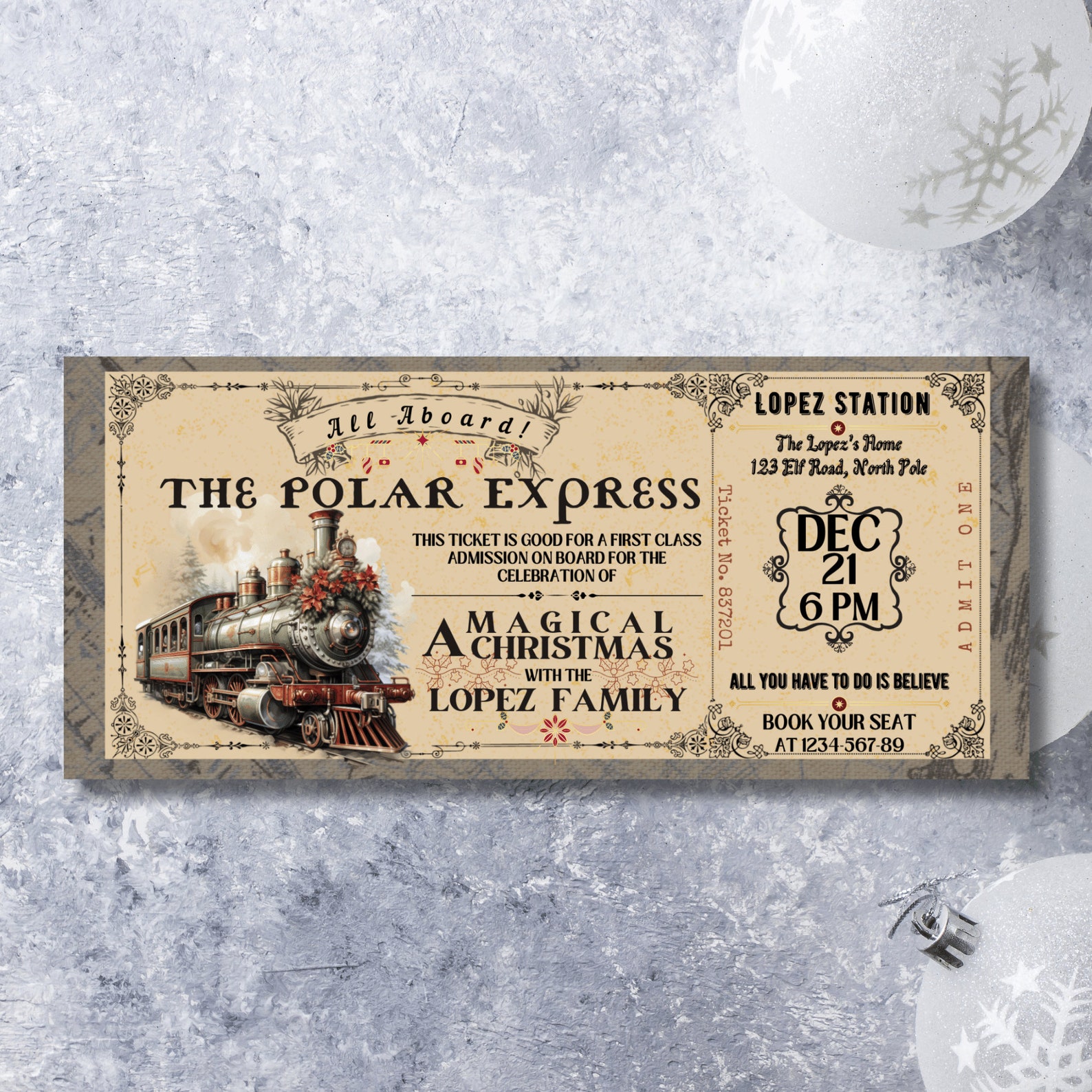 Vintage Polar Express Ticket Invitation- Christmas Party Ticket ...