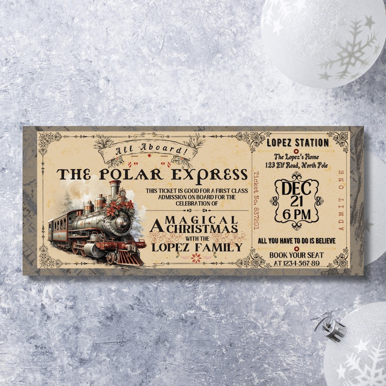 Vintage Polar Express Ticket Invitation- Christmas Party Ticket ...