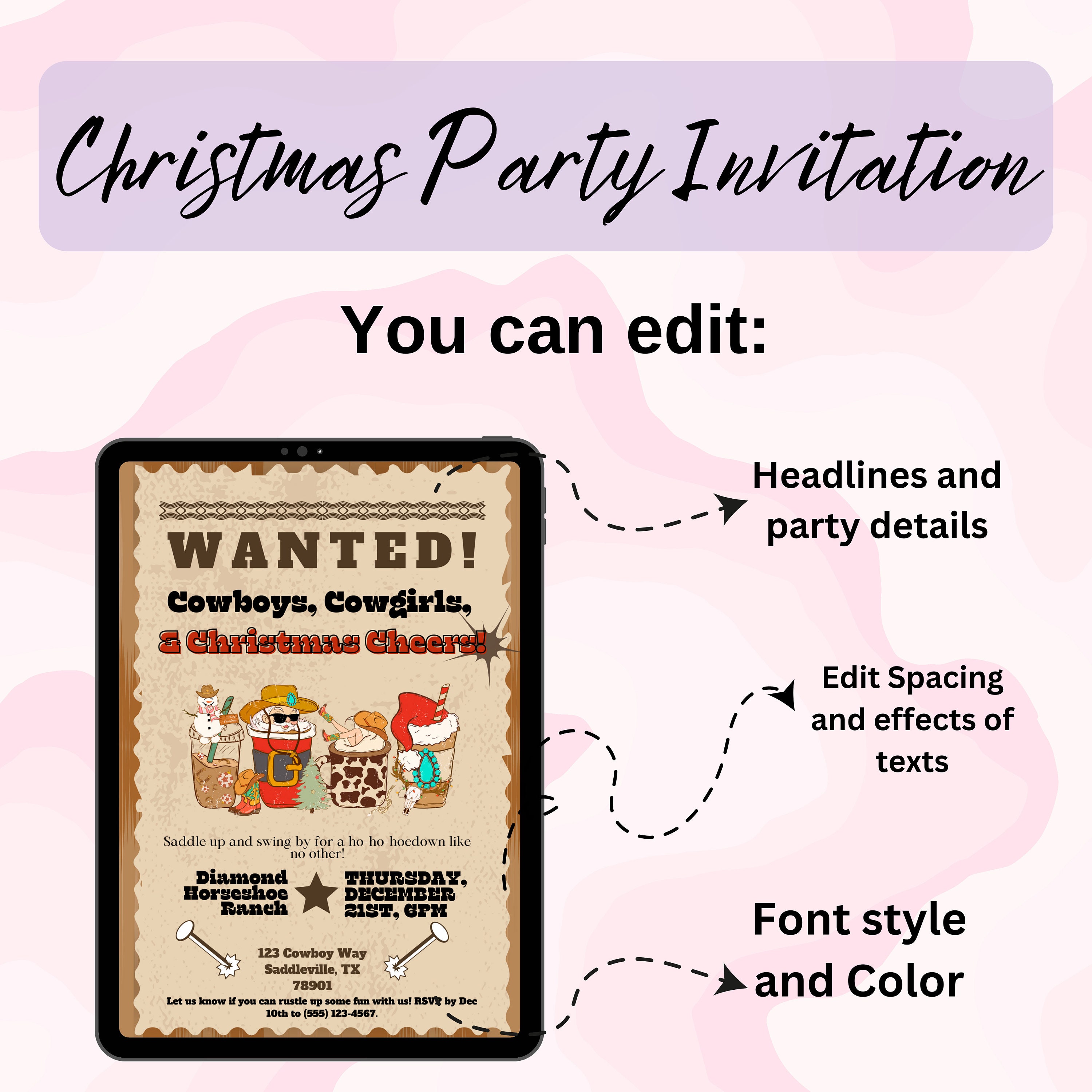 Western Hoedown Christmas Invitation Template CANVA Editable Cowboy ...