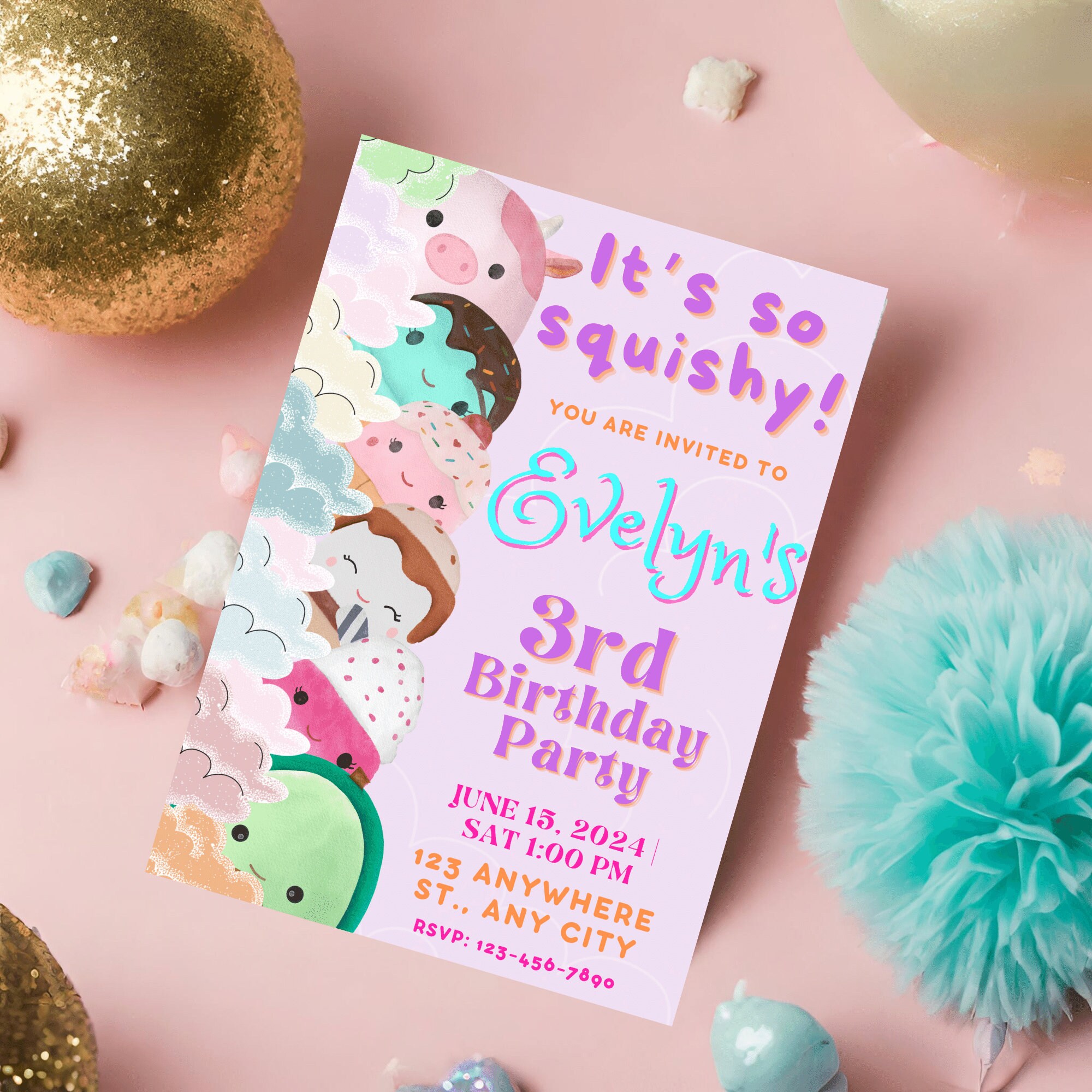 Squishmallow Birthday Invitation -pastel Squishmallow Invitation 3rd ...