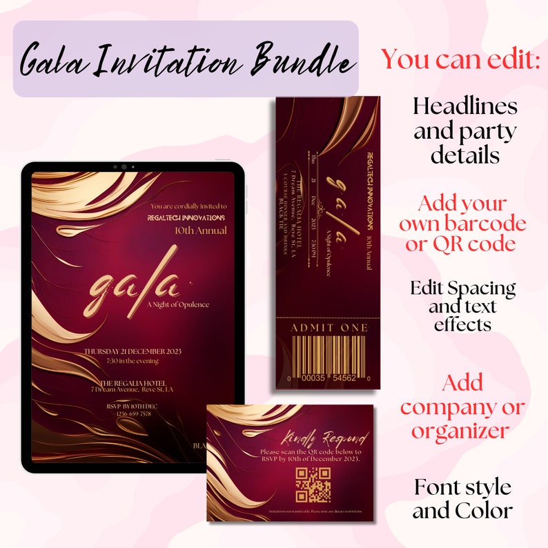 Opulent Gala Invitation Bundle- With Gala Tickets RSVP Card Template ...