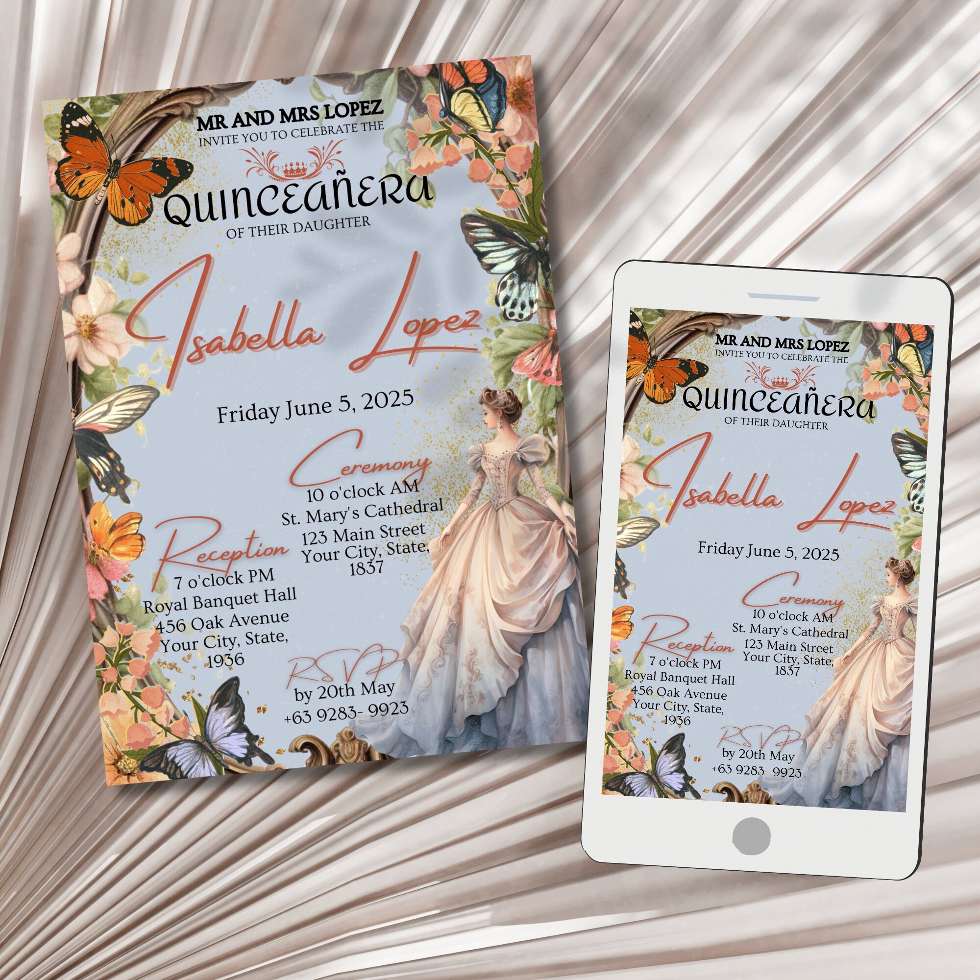 Light Blue Quinceanera Invitations Template- Butterfly Mis Quince Anos ...