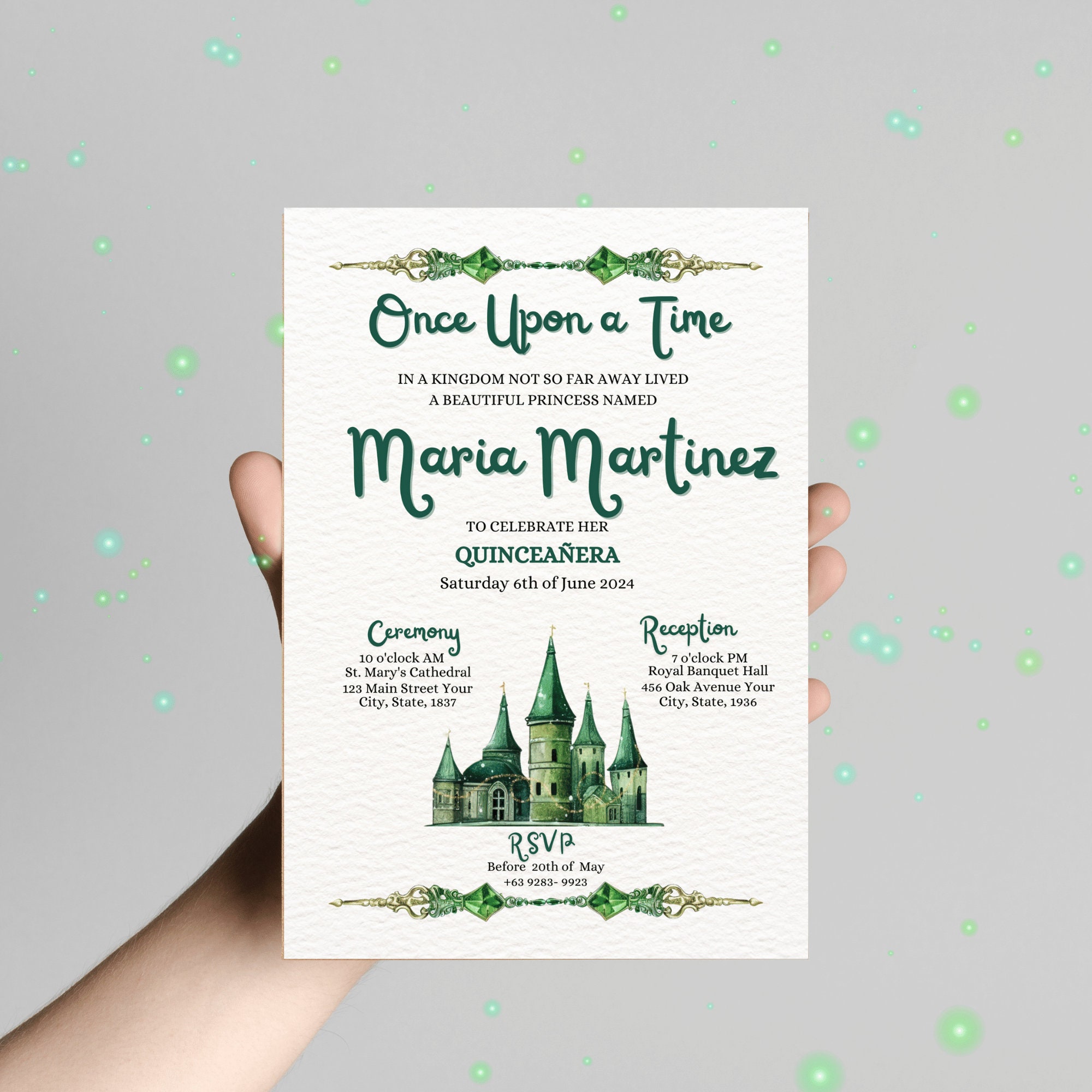 Once Upon a Time Quinceanera Invitations Template - Emerald Green ...