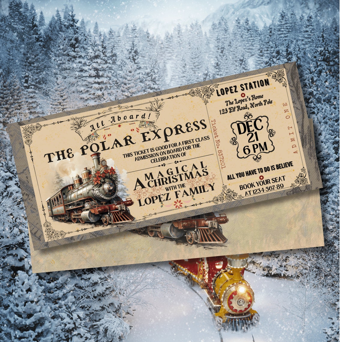 Vintage Polar Express Ticket Invitation- Christmas Party Ticket ...