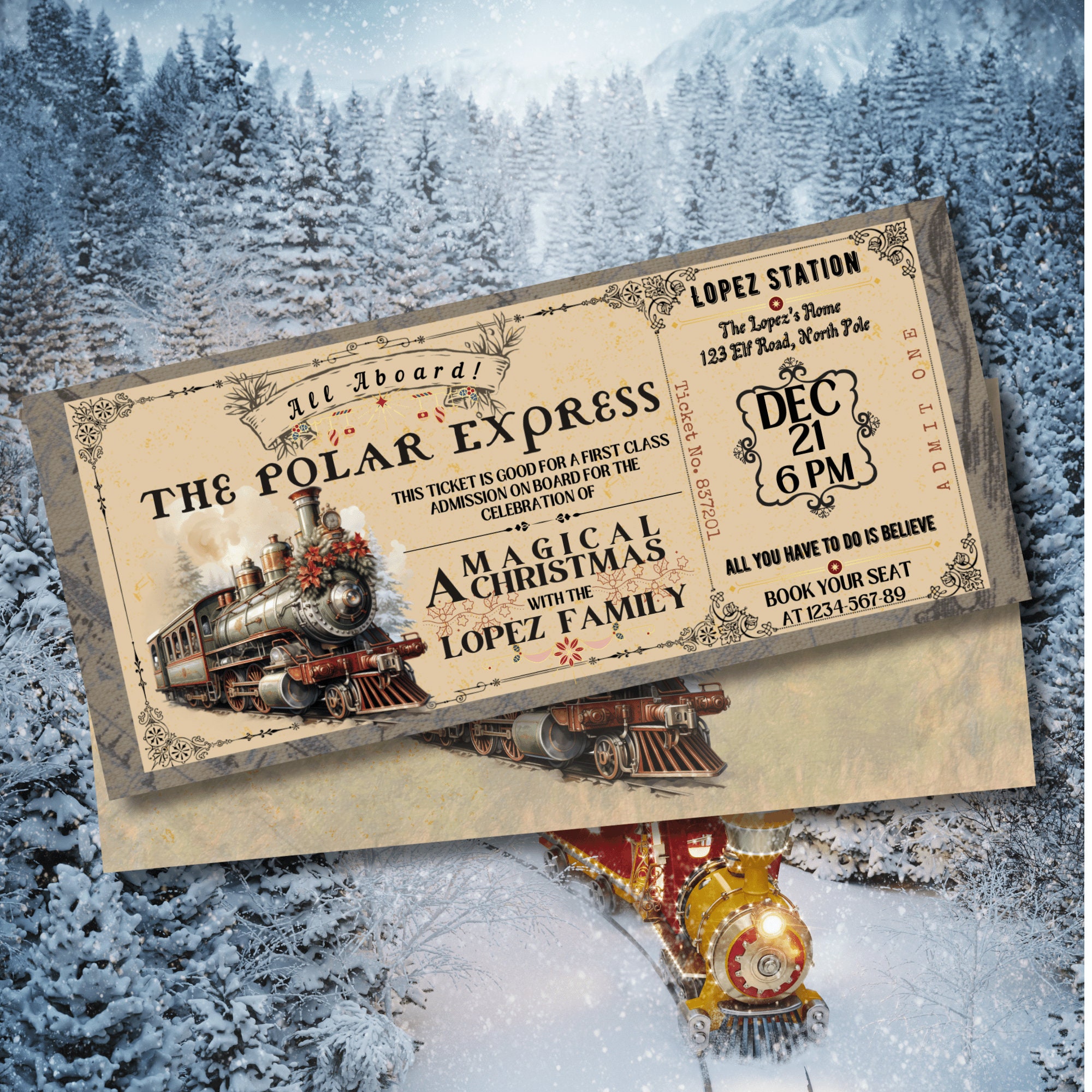 Vintage Polar Express Ticket Invitation- Christmas Party Ticket ...