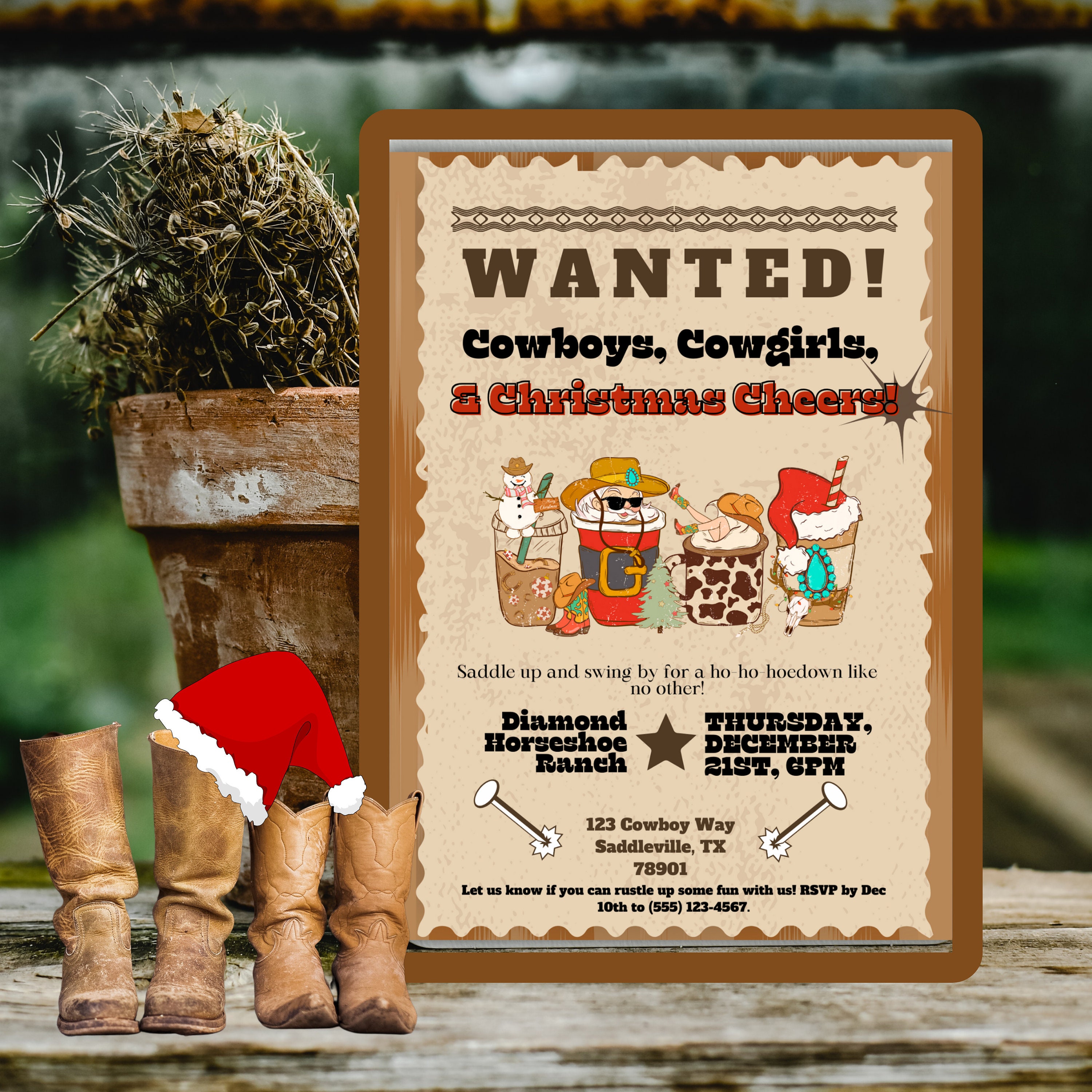Western Hoedown Christmas Invitation Template CANVA Editable Cowboy ...