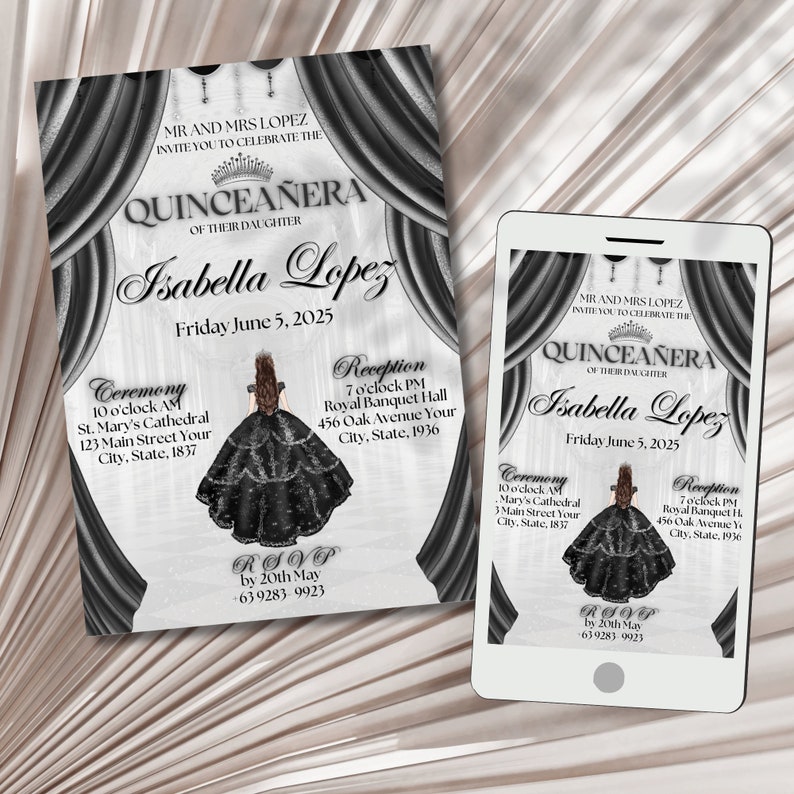Black Silver Quince Invitations - Modern Quinceanera Invitations ...
