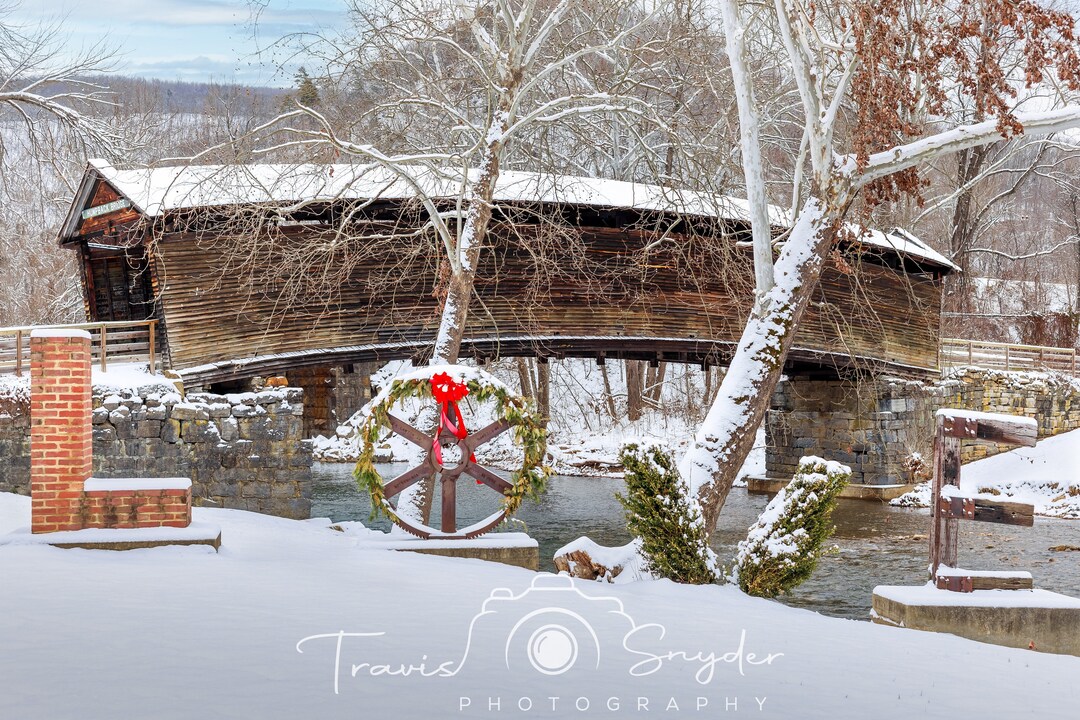 Wooden Covered Humpback Bridge in Winter / Digital Download Printable ...