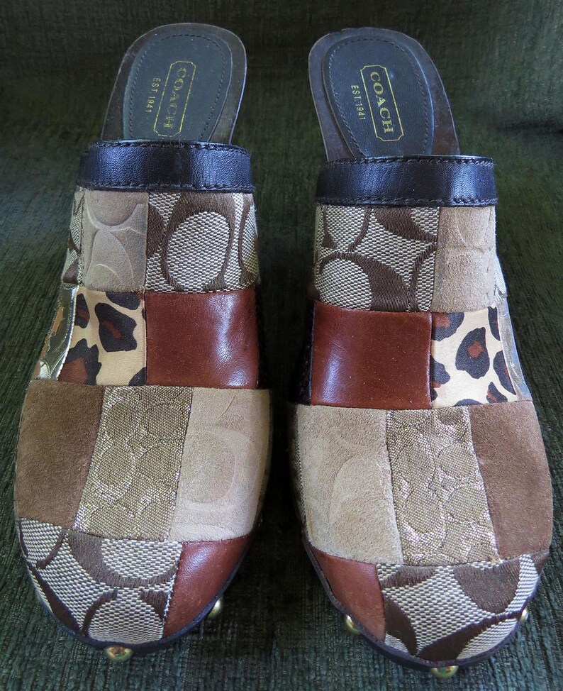 Vintage Coach Patchwork Leather Wood Stud Heels Clogs Shoes Brown Sz 9. ...