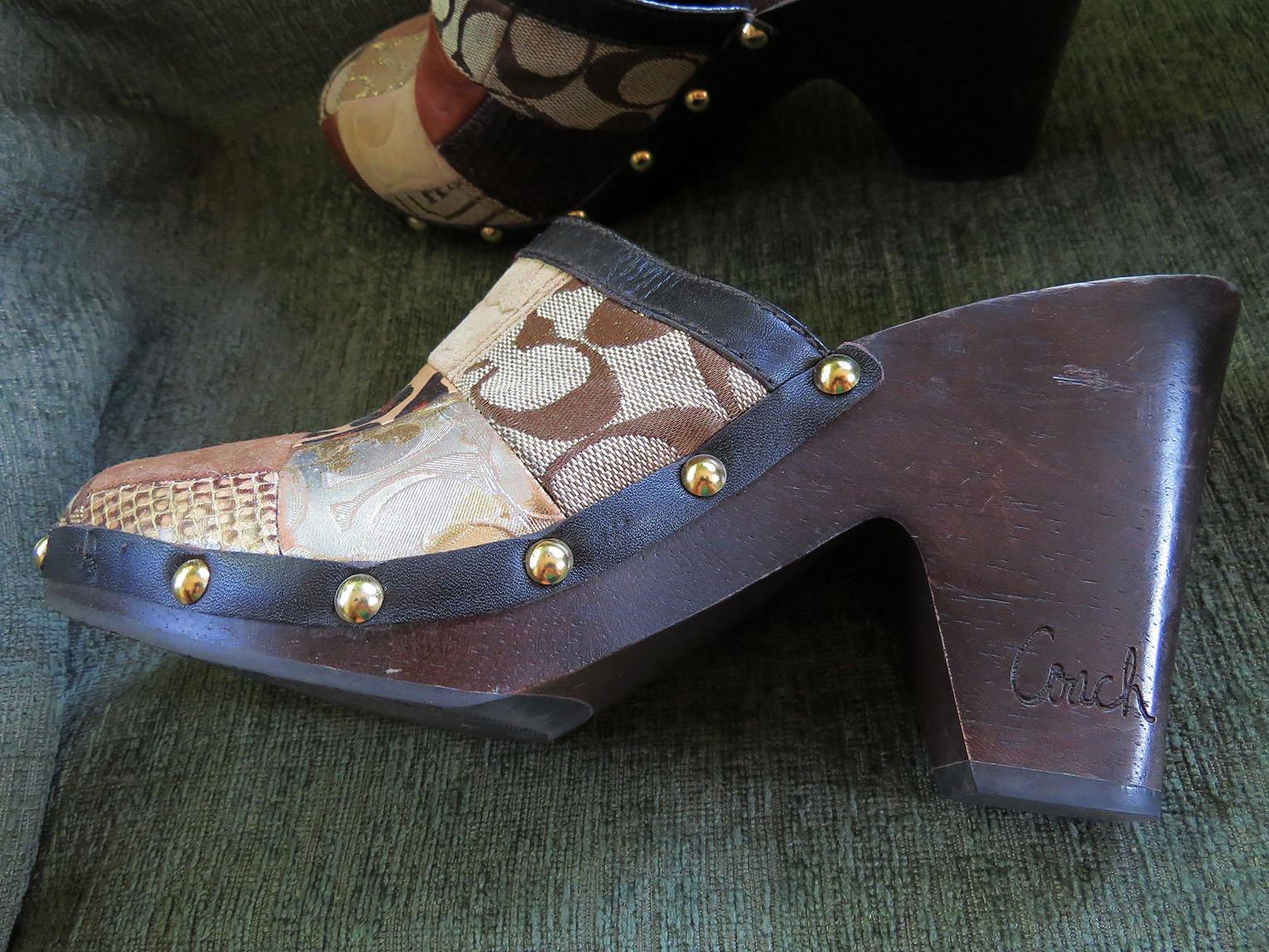 Vintage Coach Patchwork Leather Wood Stud Heels Clogs Shoes Brown Sz 9. ...