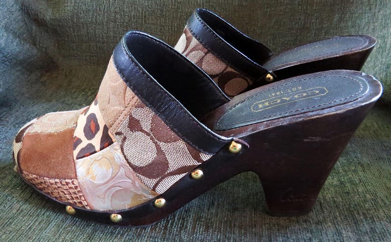 Vintage Coach Patchwork Leather Wood Stud Heels Clogs Shoes Brown Sz 9. ...