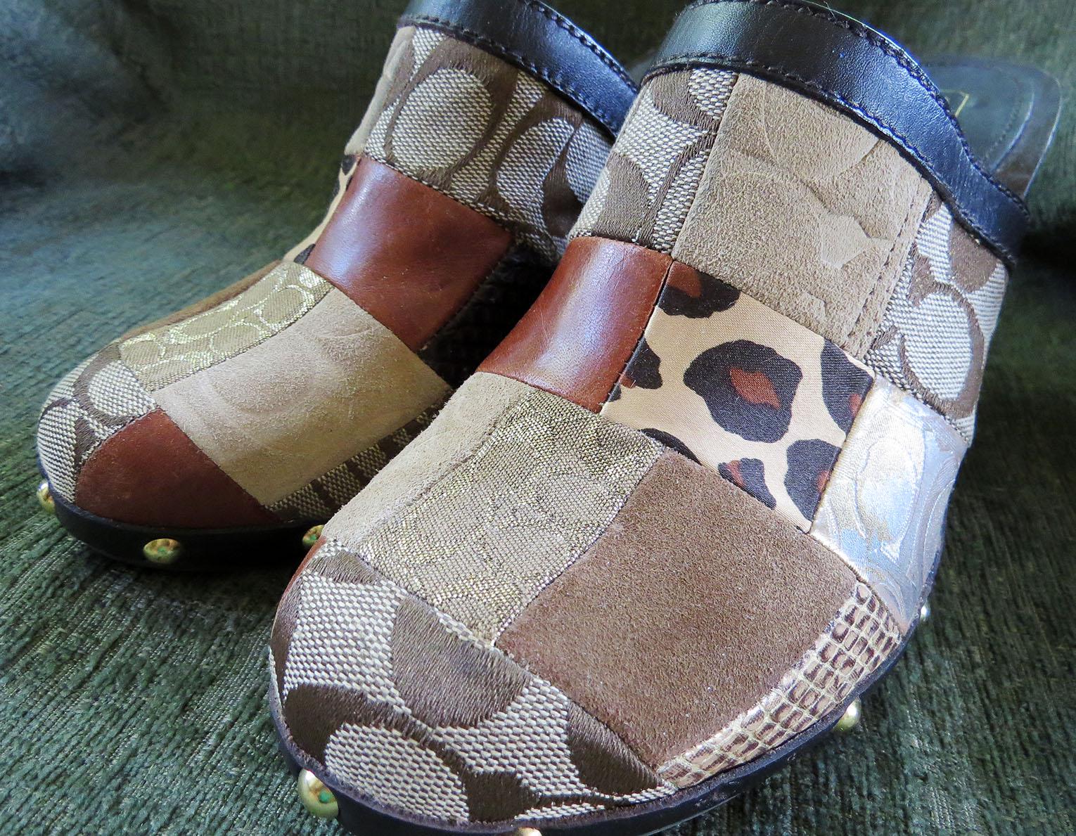 Vintage Coach Patchwork Leather Wood Stud Heels Clogs Shoes Brown Sz 9. ...