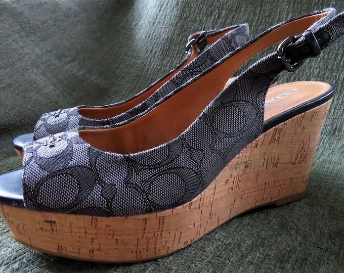 Coach Ferry Wedge Sig Jacquard Monogram Black/smoke/black Cork Shoes 7. ...