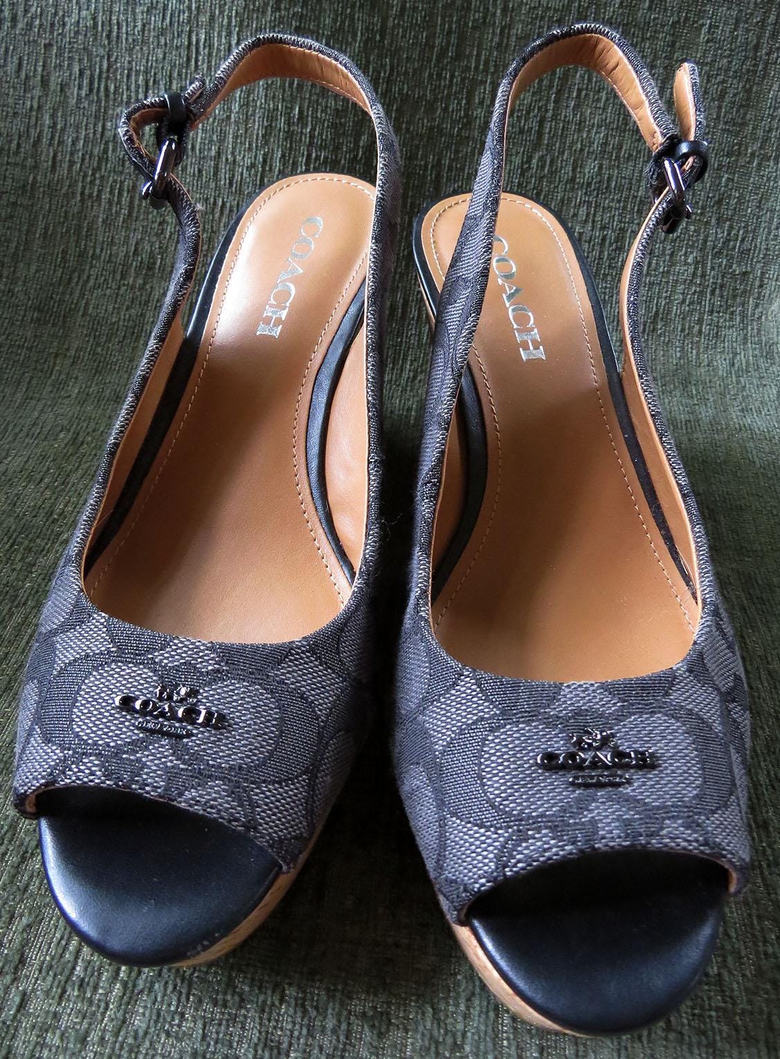 Coach Ferry Wedge Sig Jacquard Monogram Black/smoke/black Cork Shoes 7. ...