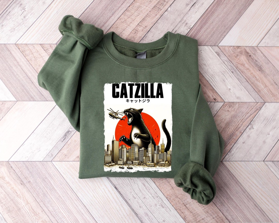 Catzilla Japanese Art Funny Cat Sweatshirt,cute Kitten Lover Gift Tee ...