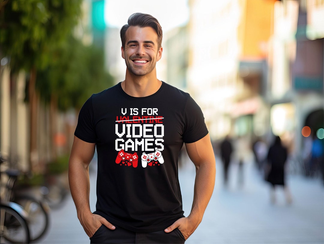 V is for Video Games Funny Valentines Day Gamer Boy Men Gift T-shirt ...
