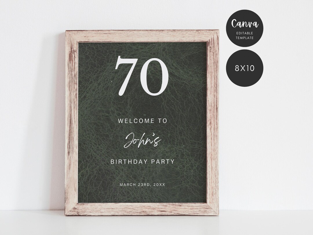 70th Birthday Sign Editable Canva Template Green Leather Texture GNL2 ...