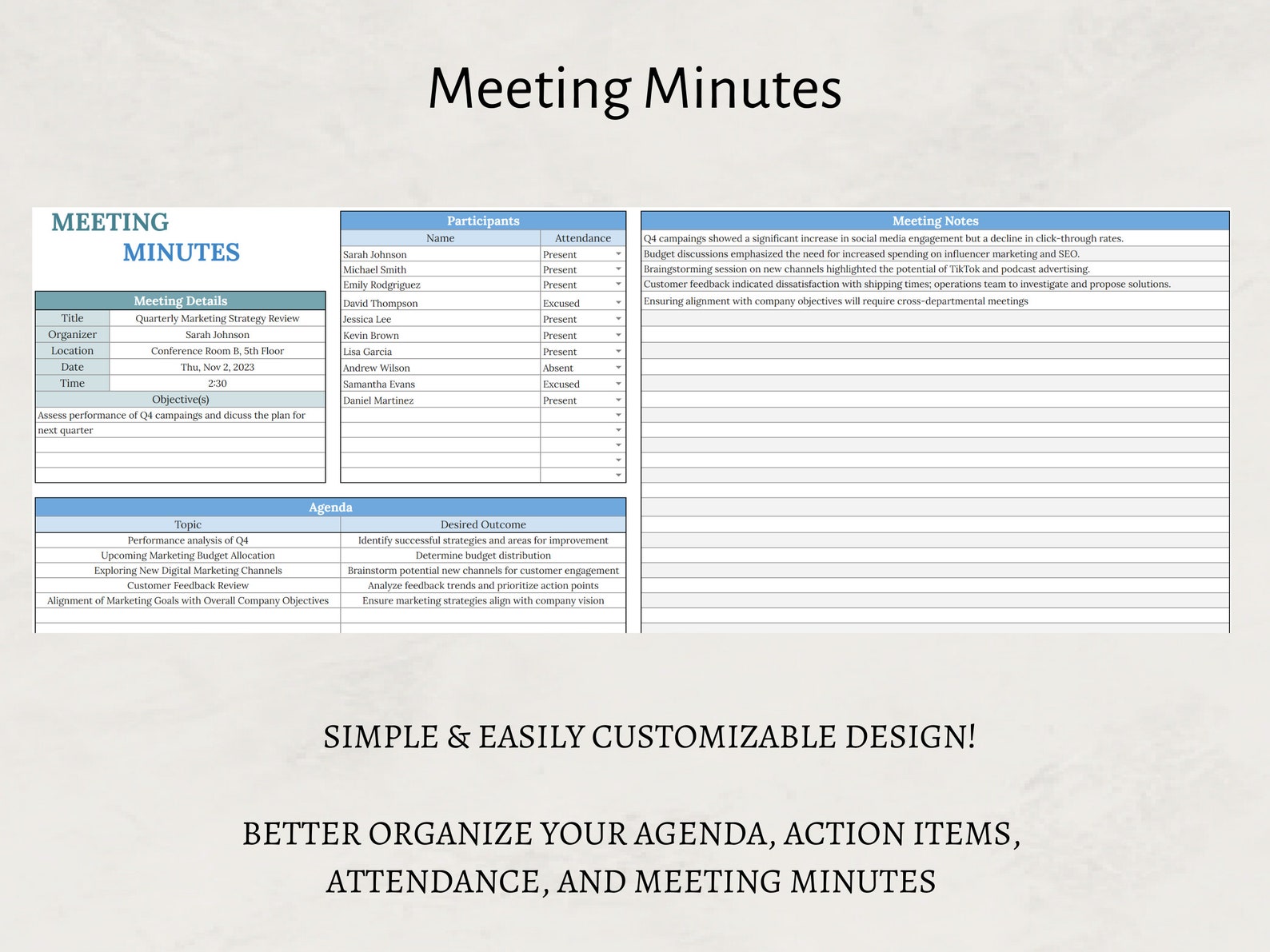 Meeting Agenda & Notes Google Sheets Spreadsheet Template, Meeting ...