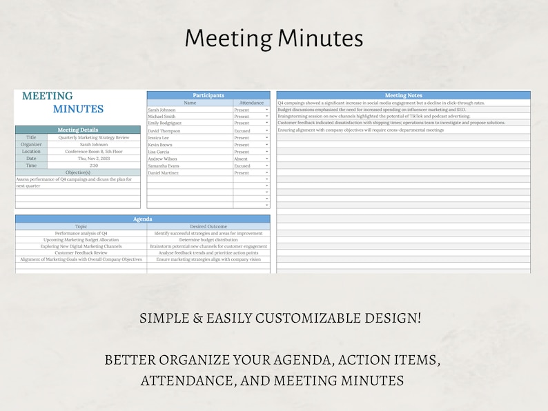 Meeting Agenda & Notes Google Sheets Spreadsheet Template, Meeting ...