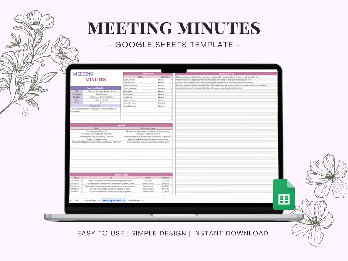 Meeting Minutes Spreadsheet Template for Google Sheets, Work Meeting ...