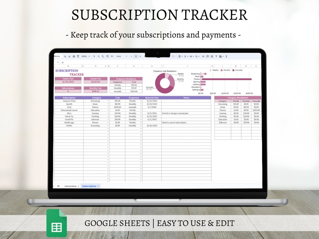 Subscription Tracking Spreadsheet Google Sheets, Weekly Monthly Annual ...