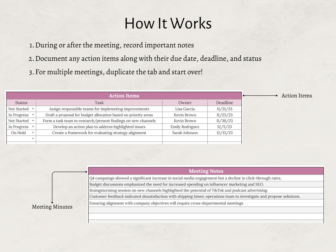 Meeting Notes and Agenda Template for Google Sheets, Meeting Minutes ...