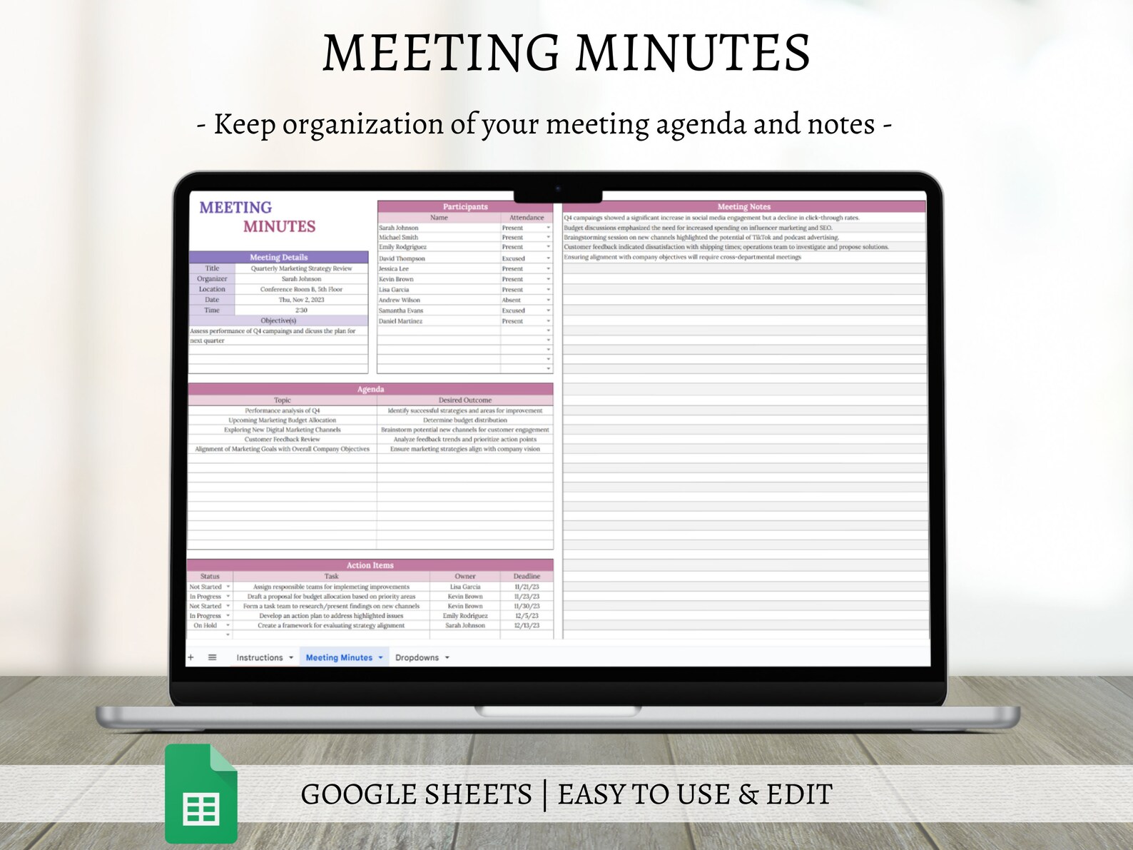 Meeting Notes and Agenda Template for Google Sheets, Meeting Minutes ...