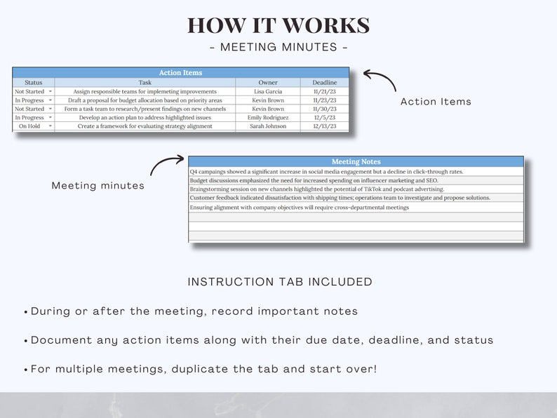Meeting Minutes Google Sheets Template, Work Notes Tracker, Meeting ...