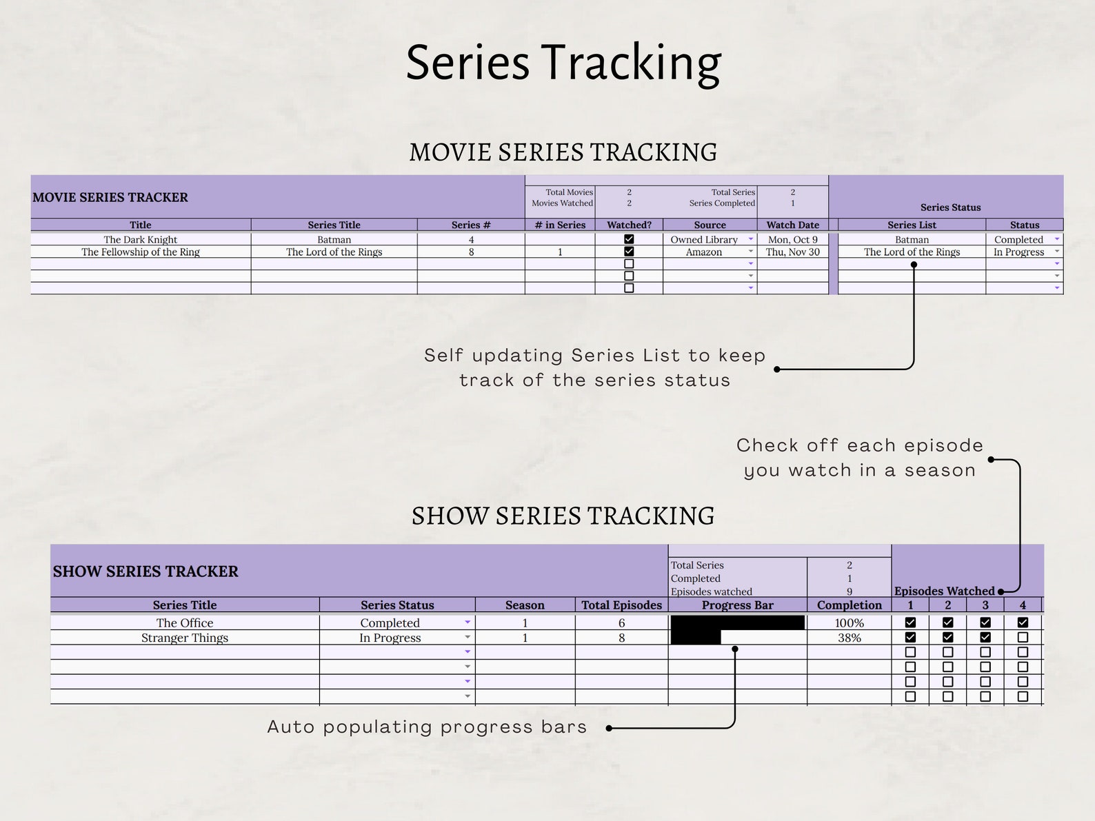 Movie & Show Tracking Spreadsheet Template for Google Sheets, TV Show ...