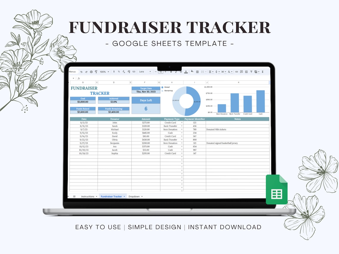 Fundraiser Tracker Google Sheets Spreadsheet Template, Charity Donor ...