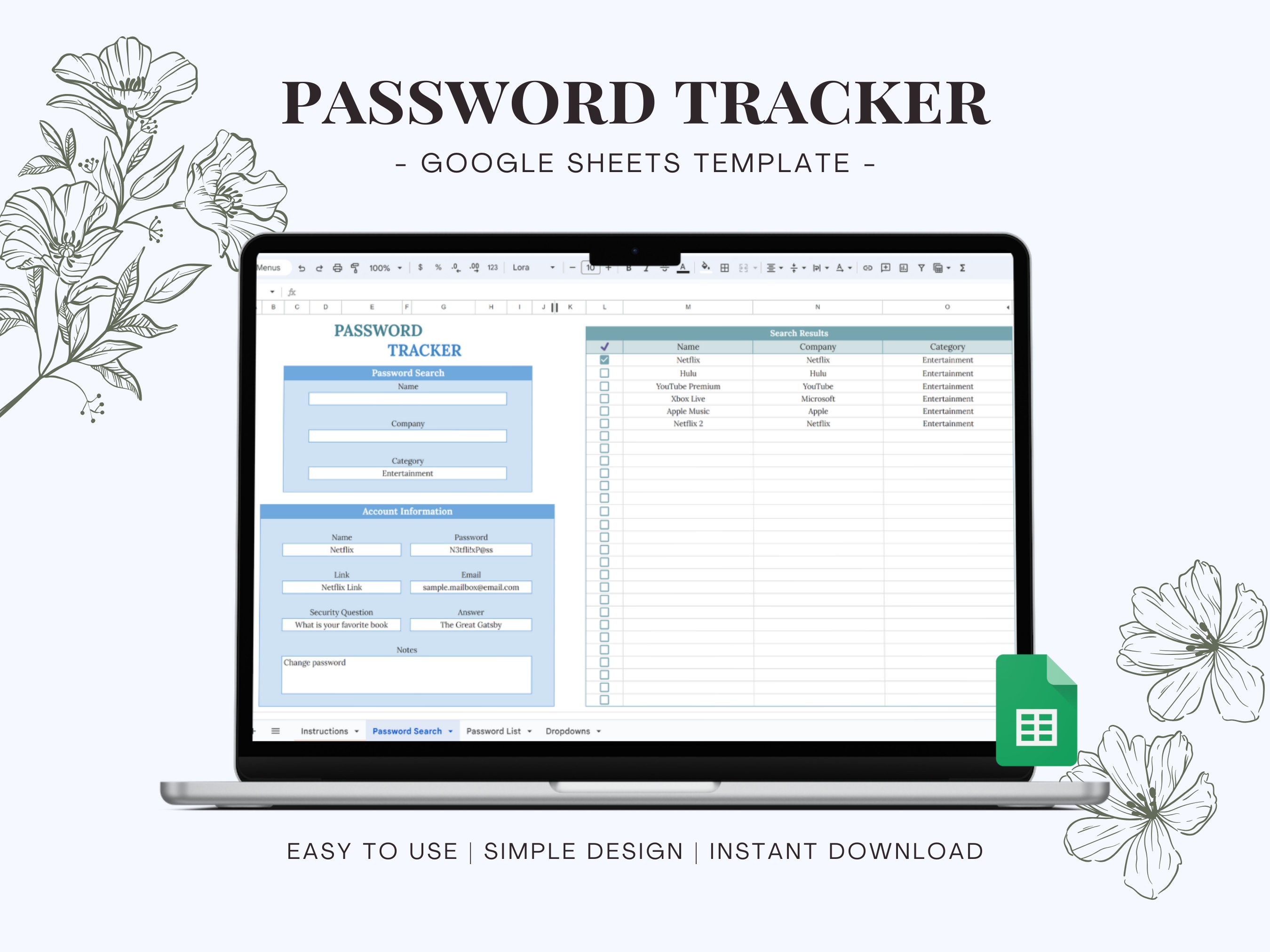 Password Tracking Google Sheets Template, Digital Subscription ...