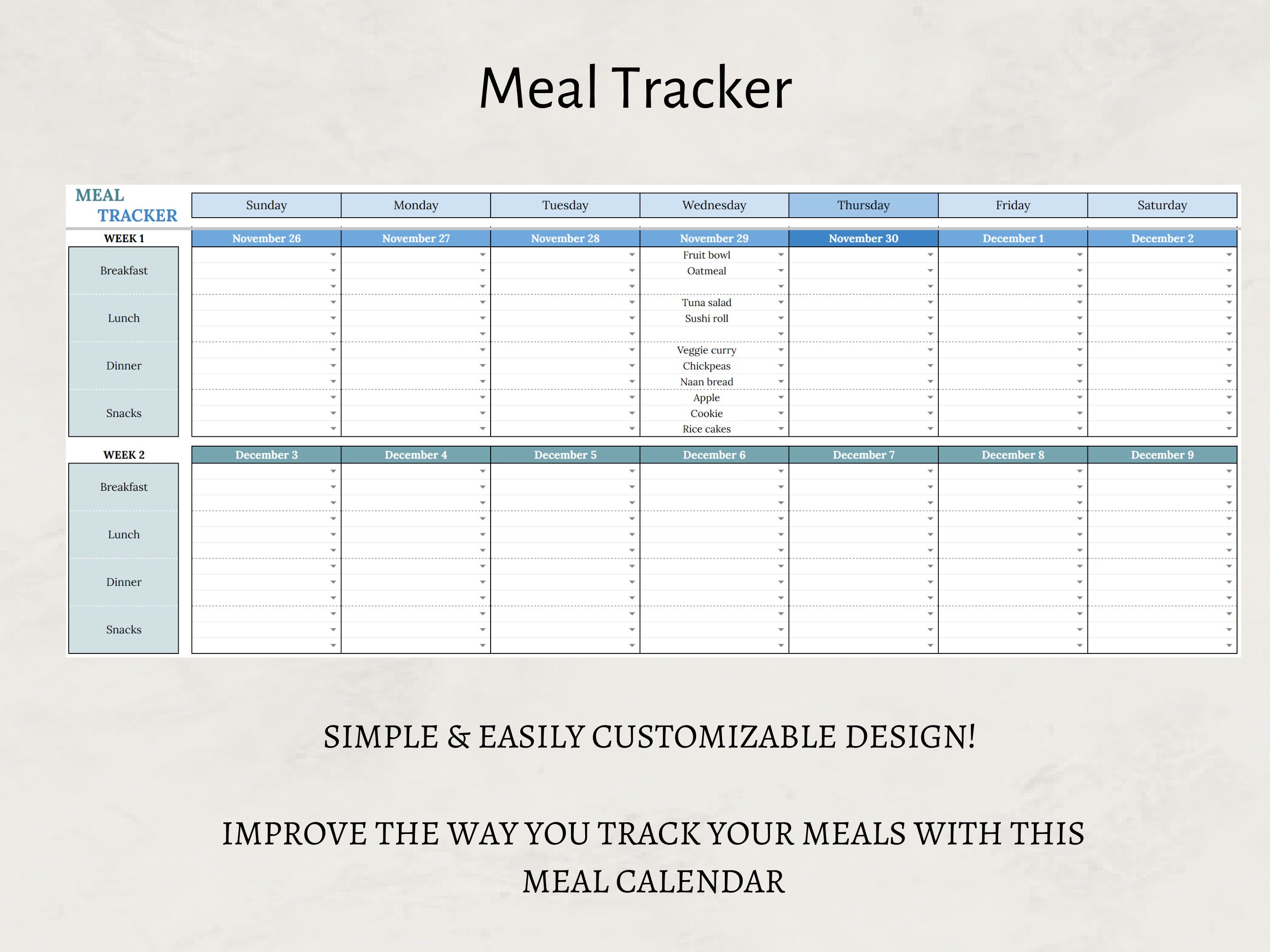 Meal Tracker Calendar Template for Google Sheets, Daily Meal Planning ...