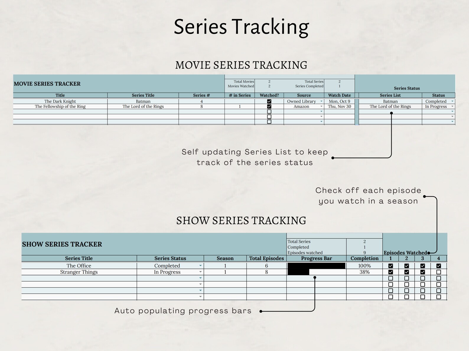 TV Show Tracker Spreadsheet Template for Google Sheets, Movie Series ...